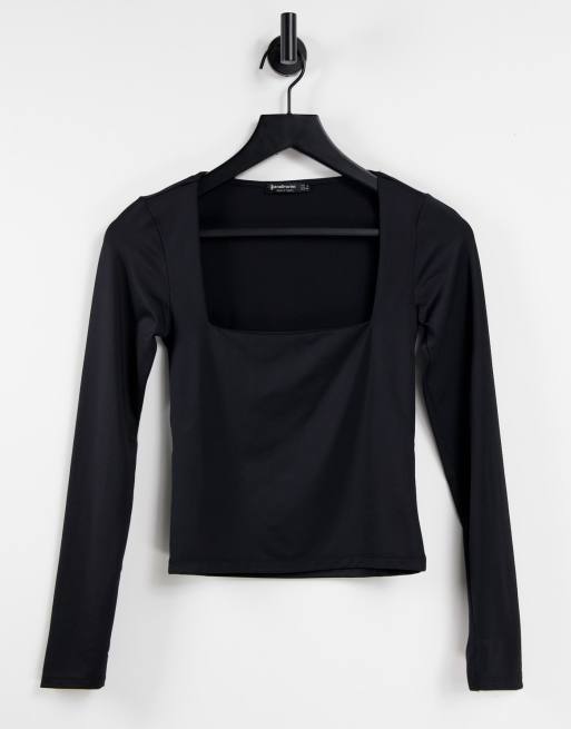 Stradivarius - Top à manches longues et encolure carrée en jersey - Noir | ASOS