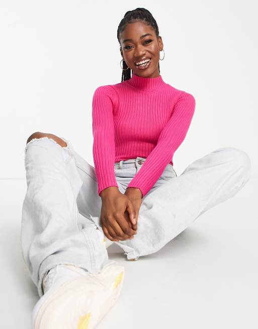 Stradivarius - Top en maille nervurée à col semi-montant - Rose | ASOS