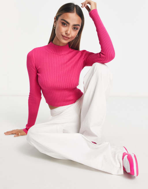 Stradivarius - Top en maille nervurée à col semi-montant - Rose | ASOS