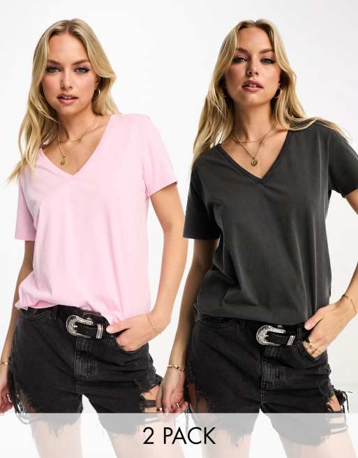 Stradivarius V Neck T Shirt 2 Pack In Charcoal And Pink Asos