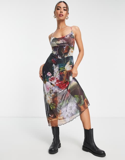 Stradivarius Vestito Midi A Corsetto In Rete Con Stampa A Fiori Scura