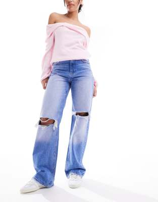 Stradivarius wide leg jeans with rips in washed medium blue | ASOS