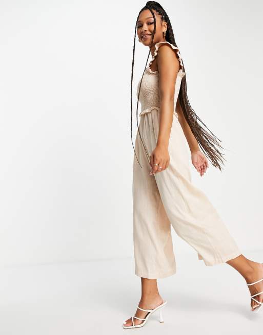 Style Cheat Gesmokter Jumpsuit Aus Leinen Mit Rüschen An Der Schulter