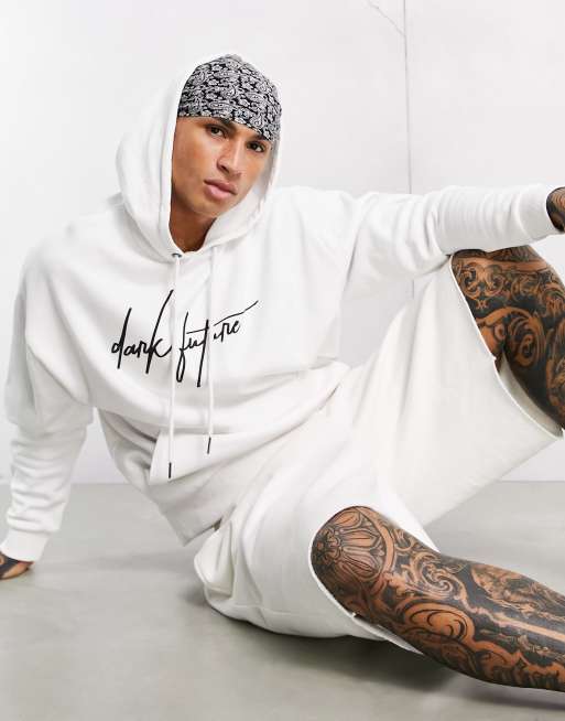 Sudadera Extragrande Blanca Con Capucha Y Logo Estampado De Asos Dark