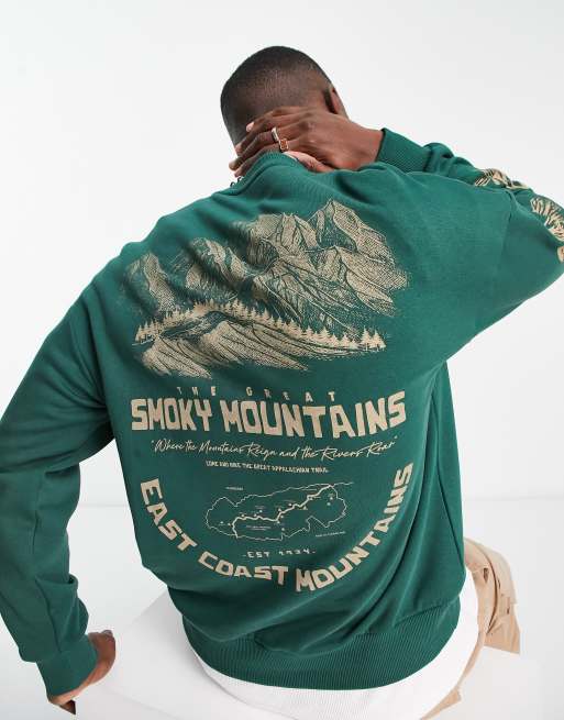 Sudadera Verde Oscuro Extragrande Con Estampado De Montañas En La