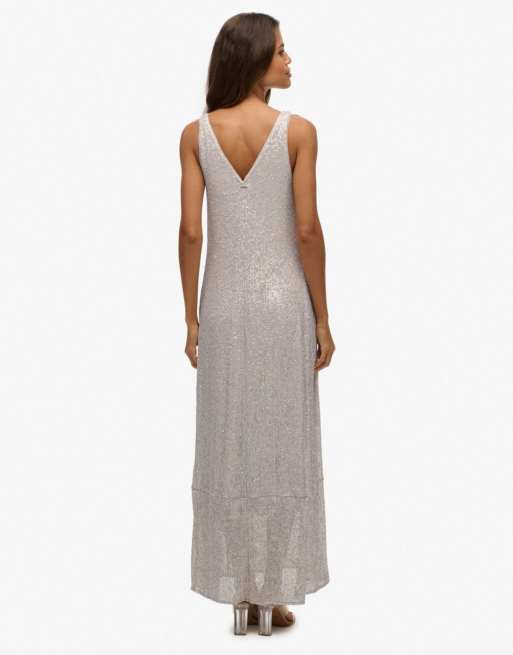 Superdry Maxi sequin v neck dress in silver sequin | ASOS