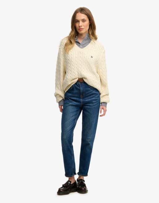 Superdry Oversized v neck cable jumper in natural white | ASOS