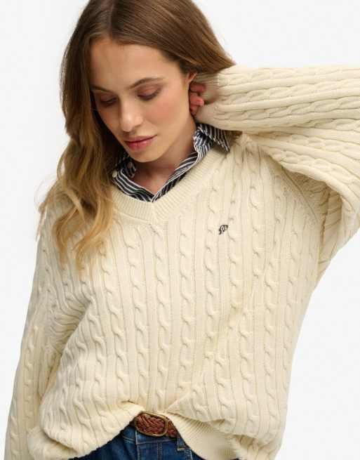 Superdry Oversized v neck cable jumper in natural white | ASOS