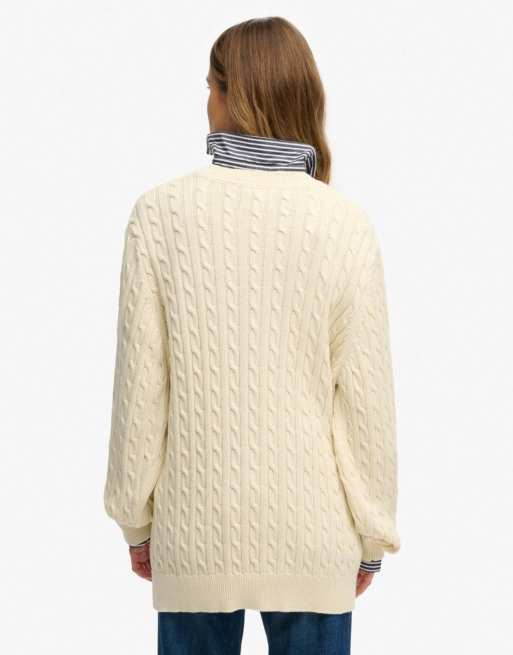 Superdry Oversized v neck cable jumper in natural white | ASOS