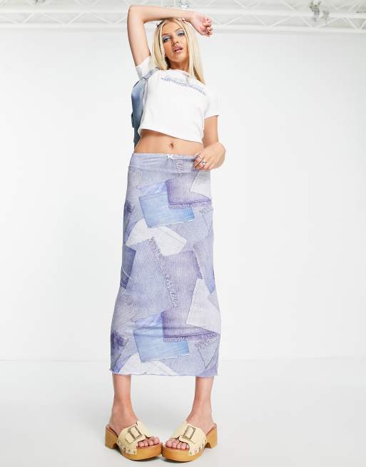 Tammy Girl Slinky Midi Skirt With Bow Waist In Patchwork Denim Asos