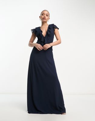 TFNC - L'invitée - Robe longue en mousseline à volants - Marine | ASOS