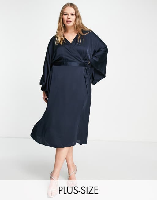 Tfnc Plus Bridesmaid Kimono Sleeve Satin Wrap Midi Dress In Navy Asos