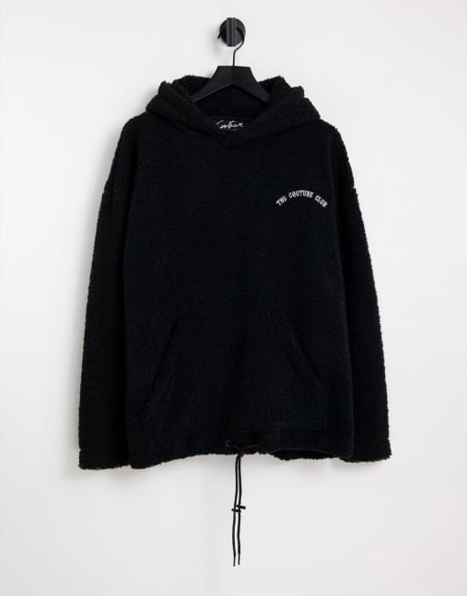 The Couture Club borg hoodie in black with gothic logo applique | ASOS
