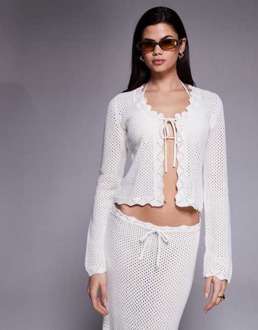 The Frolic exclusive cotton rich open crochet scallop edge tie split ...