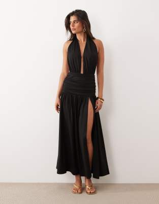 The Frolic exclusive plunge halterneck shirred detail low back thigh ...