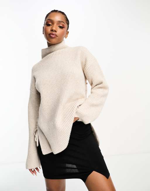 The Frolic Tie Detail High Neck Longline Sweater In Cream Heather Asos
