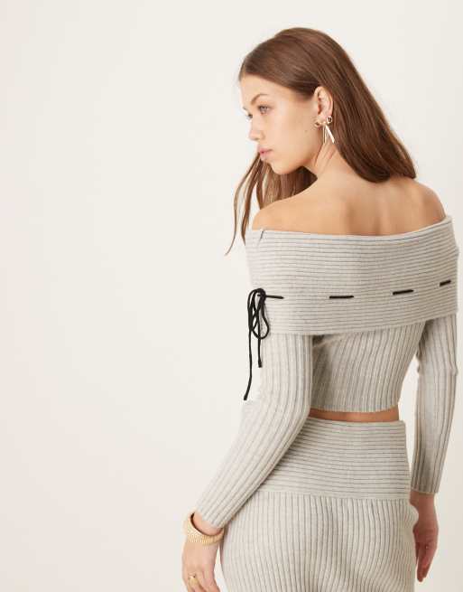 The Frolic x Bella Stovey bardot tie detail jumper and maxi skirt co-ord in grey | ASOS