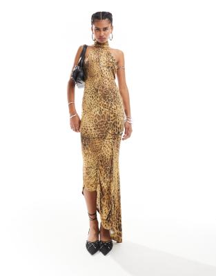 The Kript Senja lattice front high neck slinky dress in leopard print ...