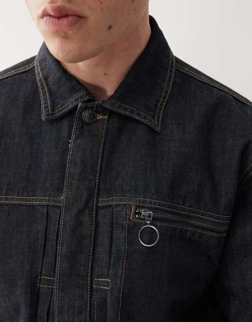 The Ragged Priest denim workwear jacket with pleat in blue rinse wash ...