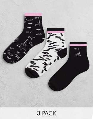 Threadbare 3 pack face socks in black and white | ASOS