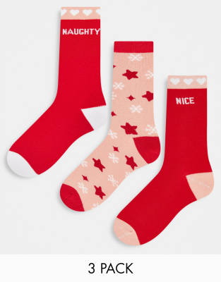 Threadbare 3 pack naughty and nice socks in red and pink | ASOS