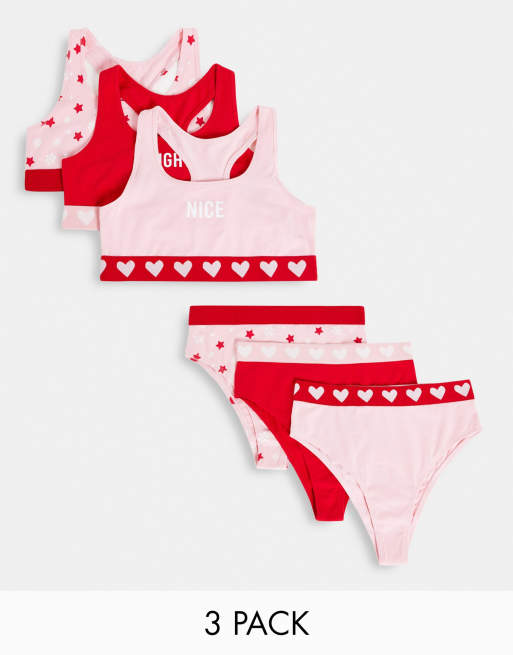 Threadbare – 3er-Pack Lingerie-Sets in Rot und Rosa mit „Naughty“- und „Nice“-Schriftzug | ASOS