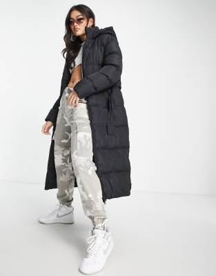 Threadbare Addison maxi belted puffer coat in black | ASOS