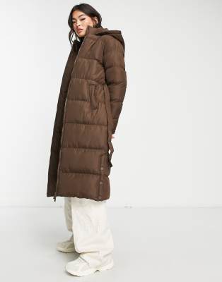 Threadbare Addison maxi belted puffer coat in chocolate brown | ASOS