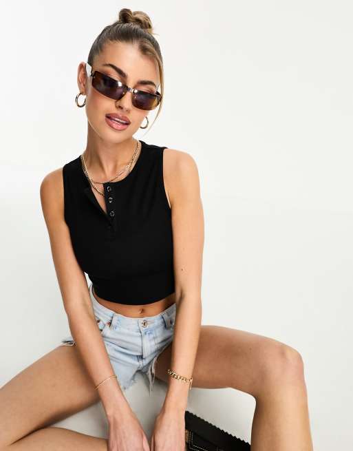 Threadbare Bella crop top with button front detail in black | ASOS