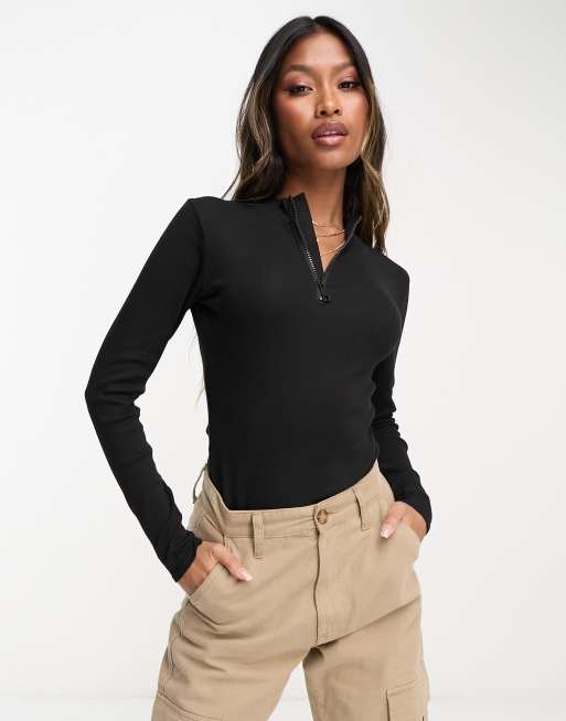 Threadbare - Body côtelé à manches longues et col montant avec demi-fermeture éclair - Noir | ASOS