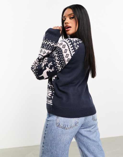 Threadbare Christmas reindeer fairisle jumper in navy | ASOS