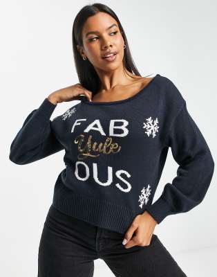 Threadbare Christmas sequin off shoulder jumper in navy | ASOS