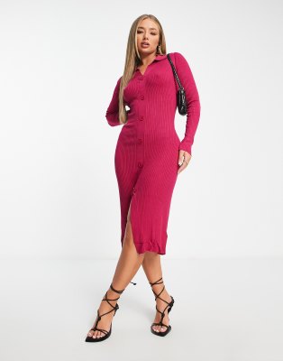 Threadbare Elm button through knit midi dress in burgundy | ASOS