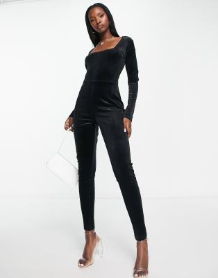 Threadbare Gina velour square neck jumpsuit in black | ASOS