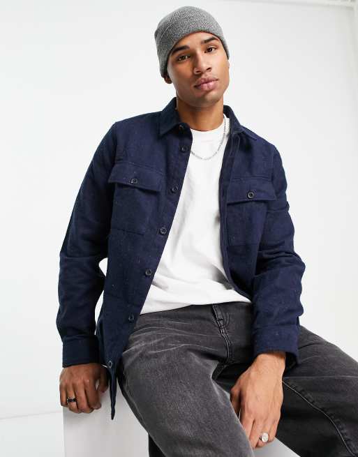 Threadbare heavy brushed overshirt in navy | ASOS