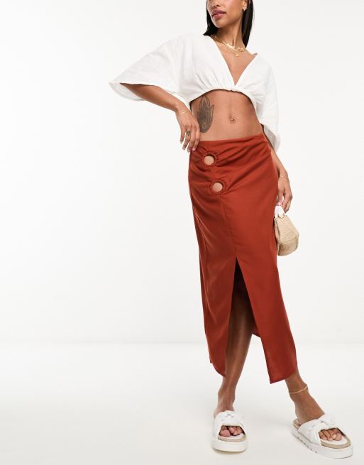 Threadbare - Jupe d'ensemble mi-longue en lin mélangé avec anneau - Rouille | ASOS