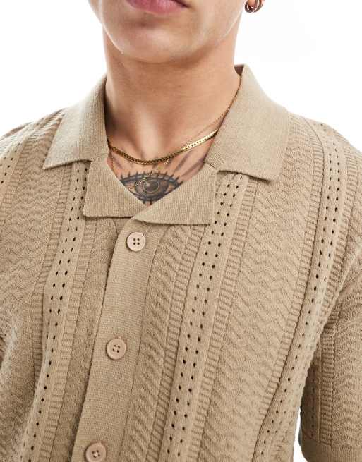 Threadbare knitted textured shirt in stone | ASOS