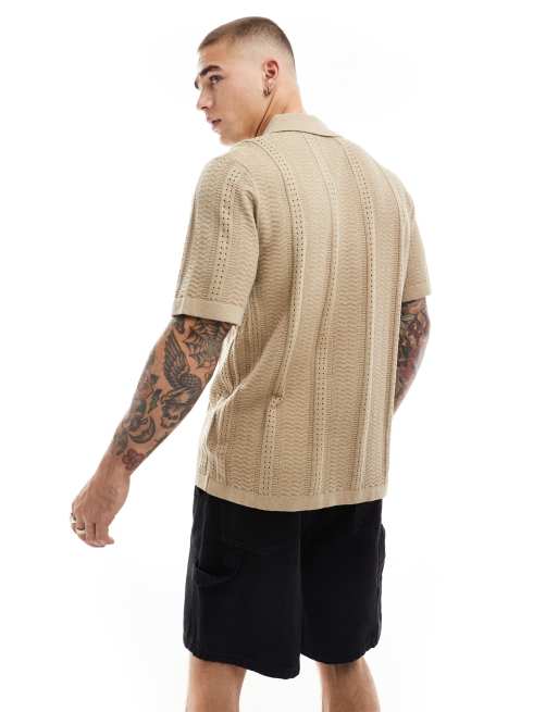 Threadbare knitted textured shirt in stone | ASOS