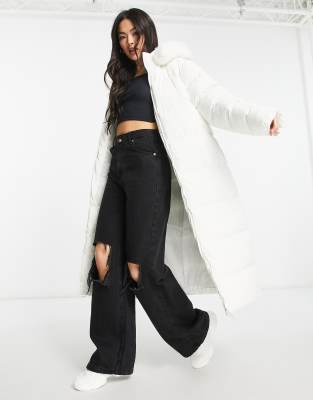 Threadbare Lazuli Maxi Puffer Coat With Faux Fur Trim Hood In White ...