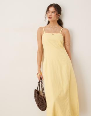 Threadbare Linen blend square neck midi dress in yellow | ASOS