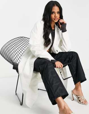 Threadbare Lynda PU belted trench coat in cream | ASOS