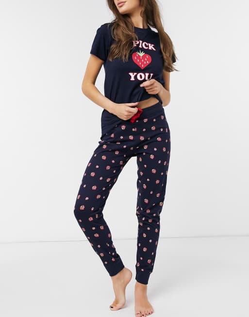 Threadbare – Marinblå pyjamas med kort ärm och tryck | ASOS
