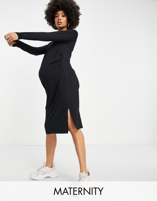 Threadbare Maternity long sleeve midi dress in black | ASOS
