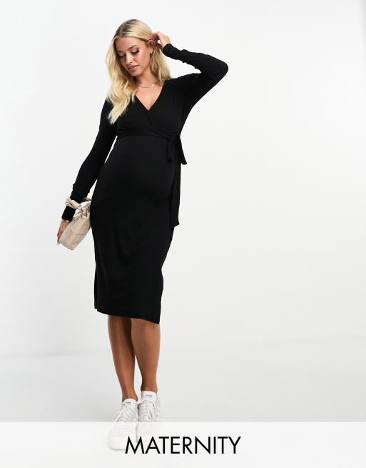 Threadbare Maternity tie waist midi dress in black | ASOS