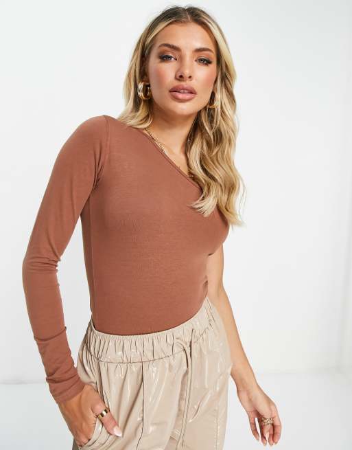 Threadbare one sleeve jersey bodysuit in chocolate brown | ASOS