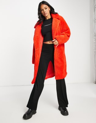 Threadbare oversized longline borg coat in red | ASOS