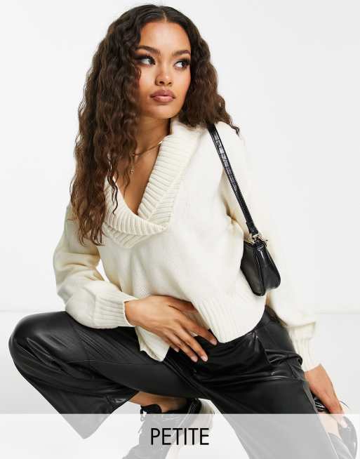 Threadbare Petite Hunter oversized v neck sweater in white | ASOS