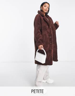 Threadbare Petite oversized longline borg coat in chocolate brown | ASOS