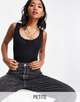 Threadbare Petite ribbed button front bodysuit in black | ASOS
