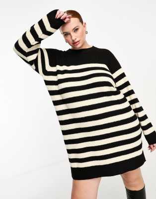 Threadbare Plus - Evie - Robe pull mi-longue à rayures - Noir et blanc ...